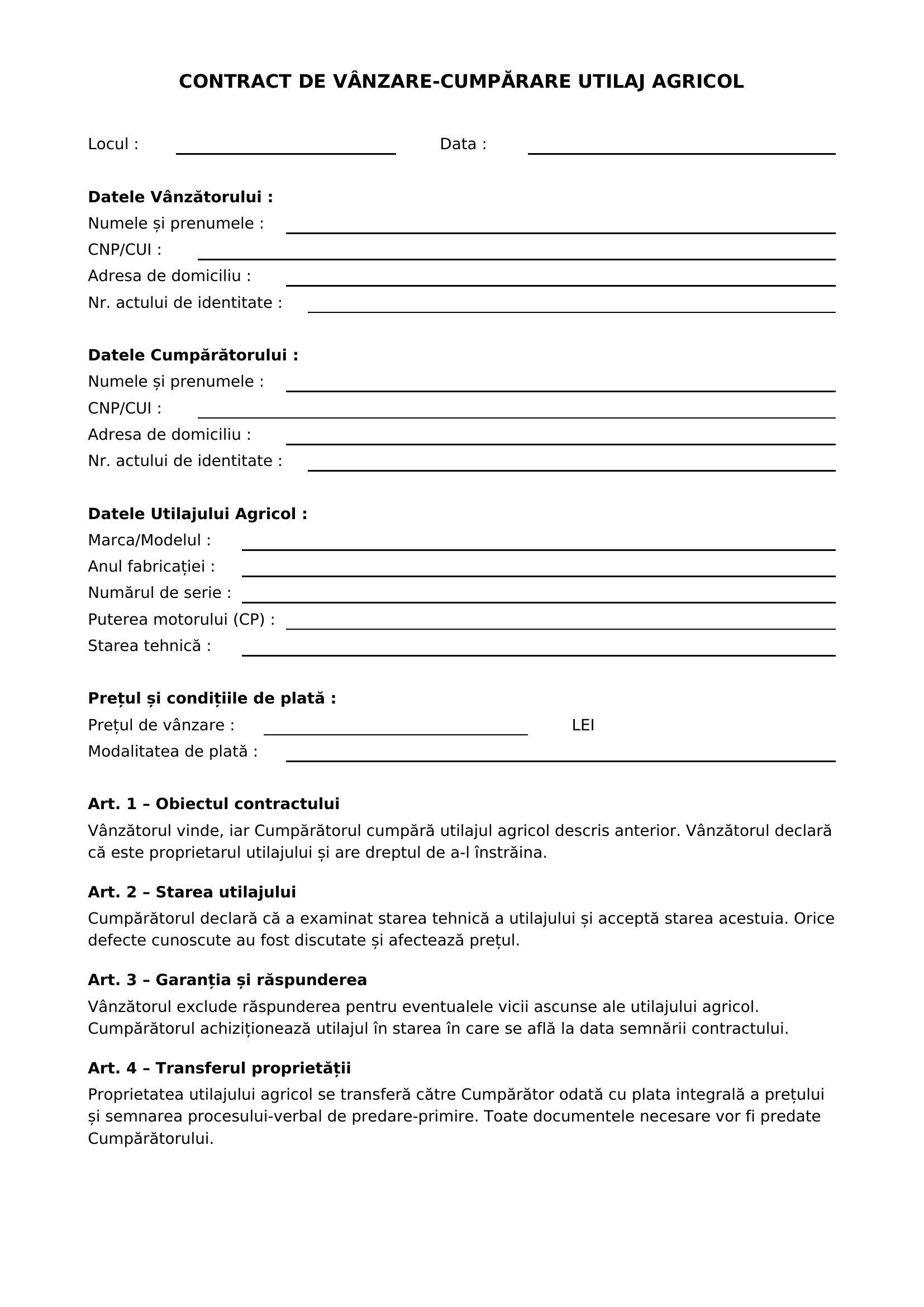Contract Vanzare Cumparare Utilaj Agricol
